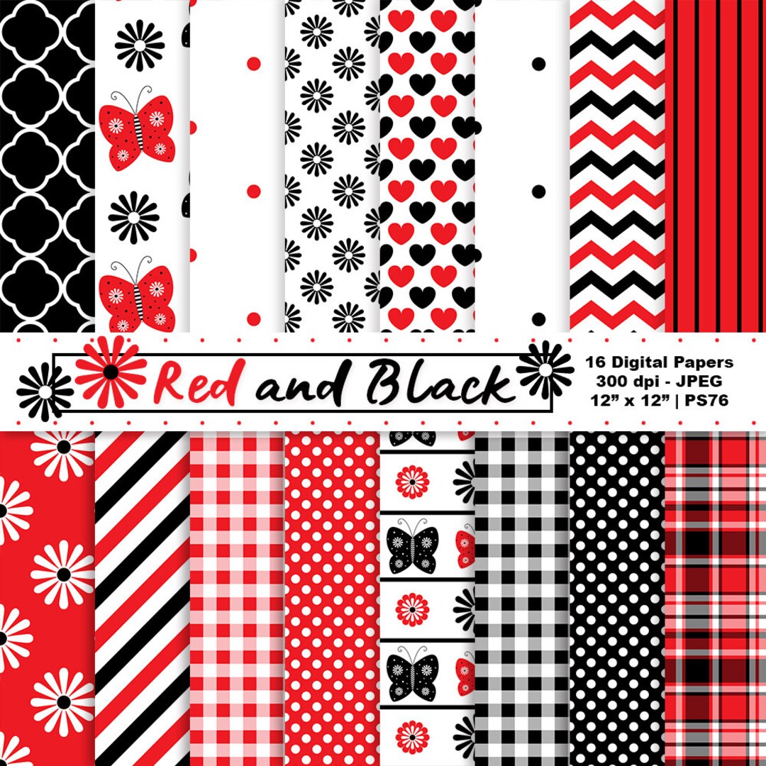 Red & Black Digital Paper, Butterfly Paper, Butterfly Clipart ...