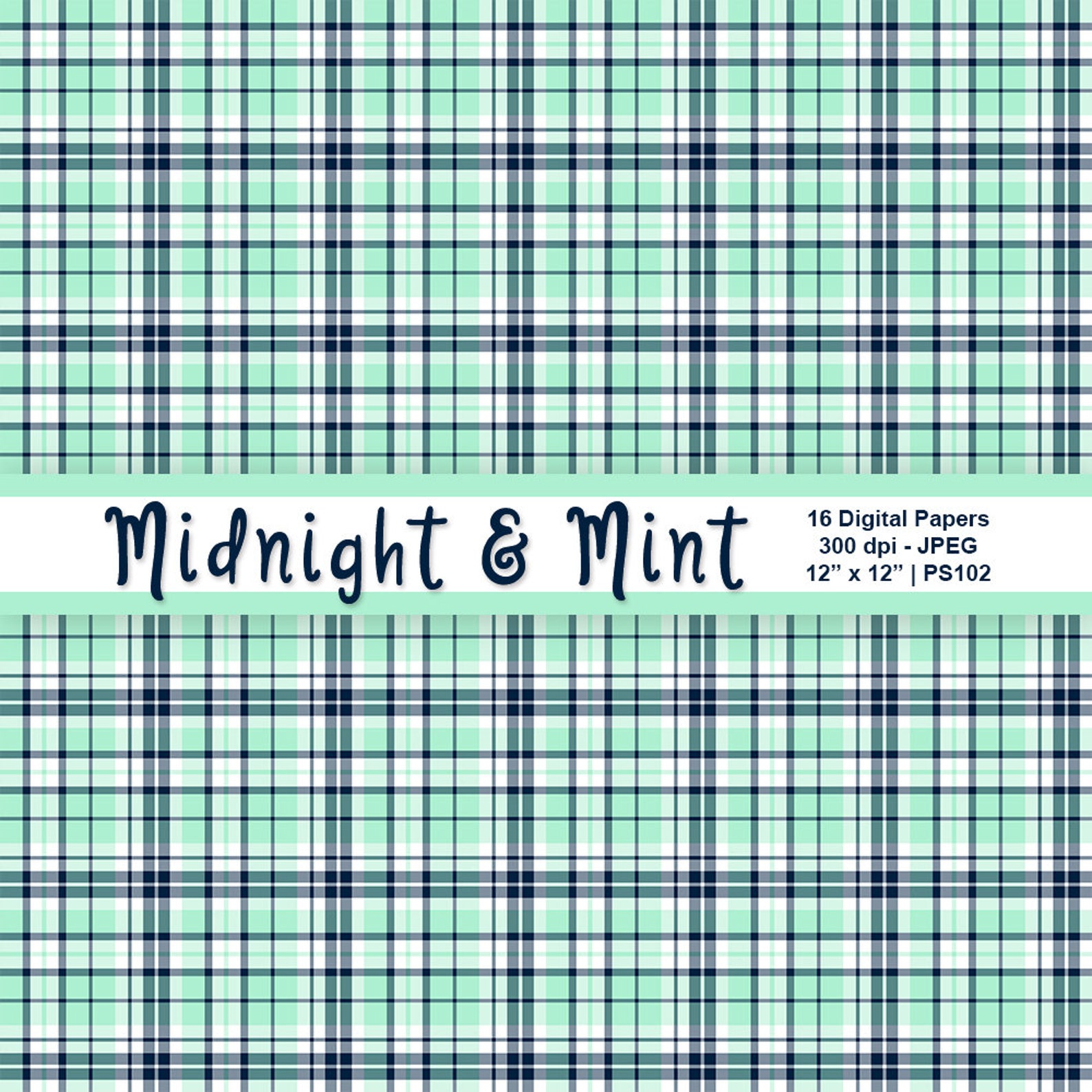 Midnight & Mint Digital Papers, Deep Blue Patterns, Mint Green Patterns ...