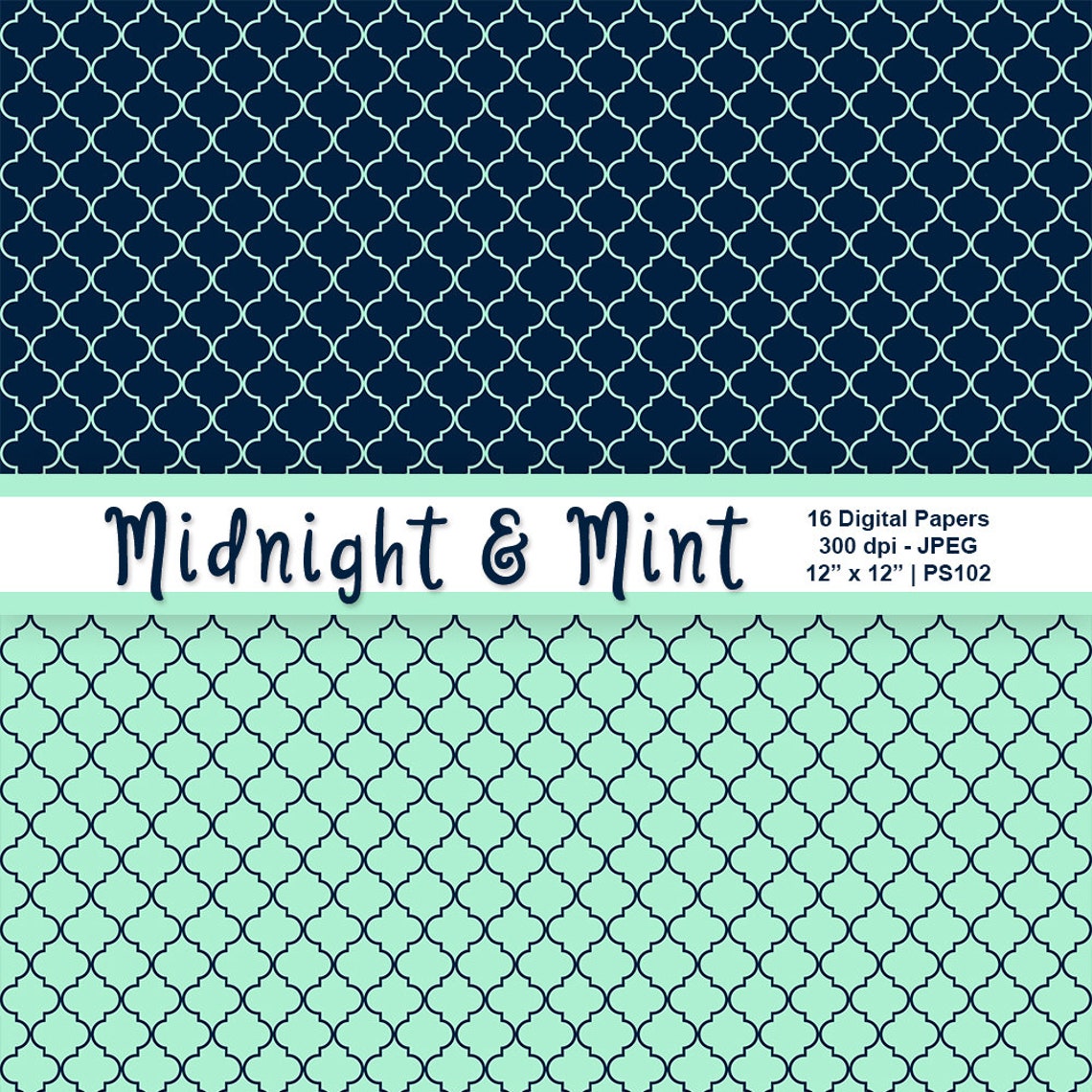 Midnight & Mint Digital Papers, Deep Blue Patterns, Mint Green Patterns ...