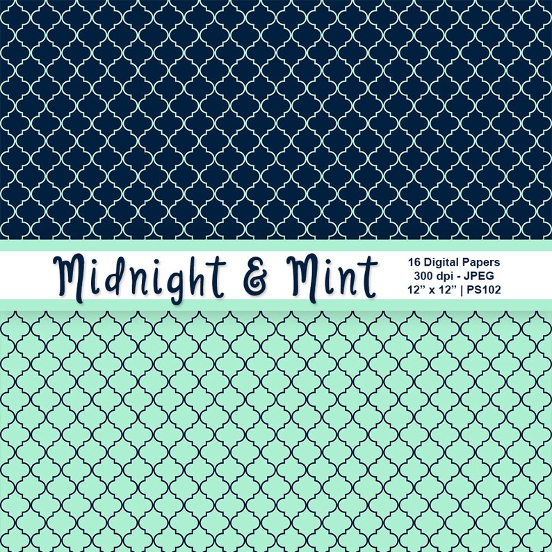Midnight & Mint Digital Papers Deep Blue Patterns Mint Green - Etsy