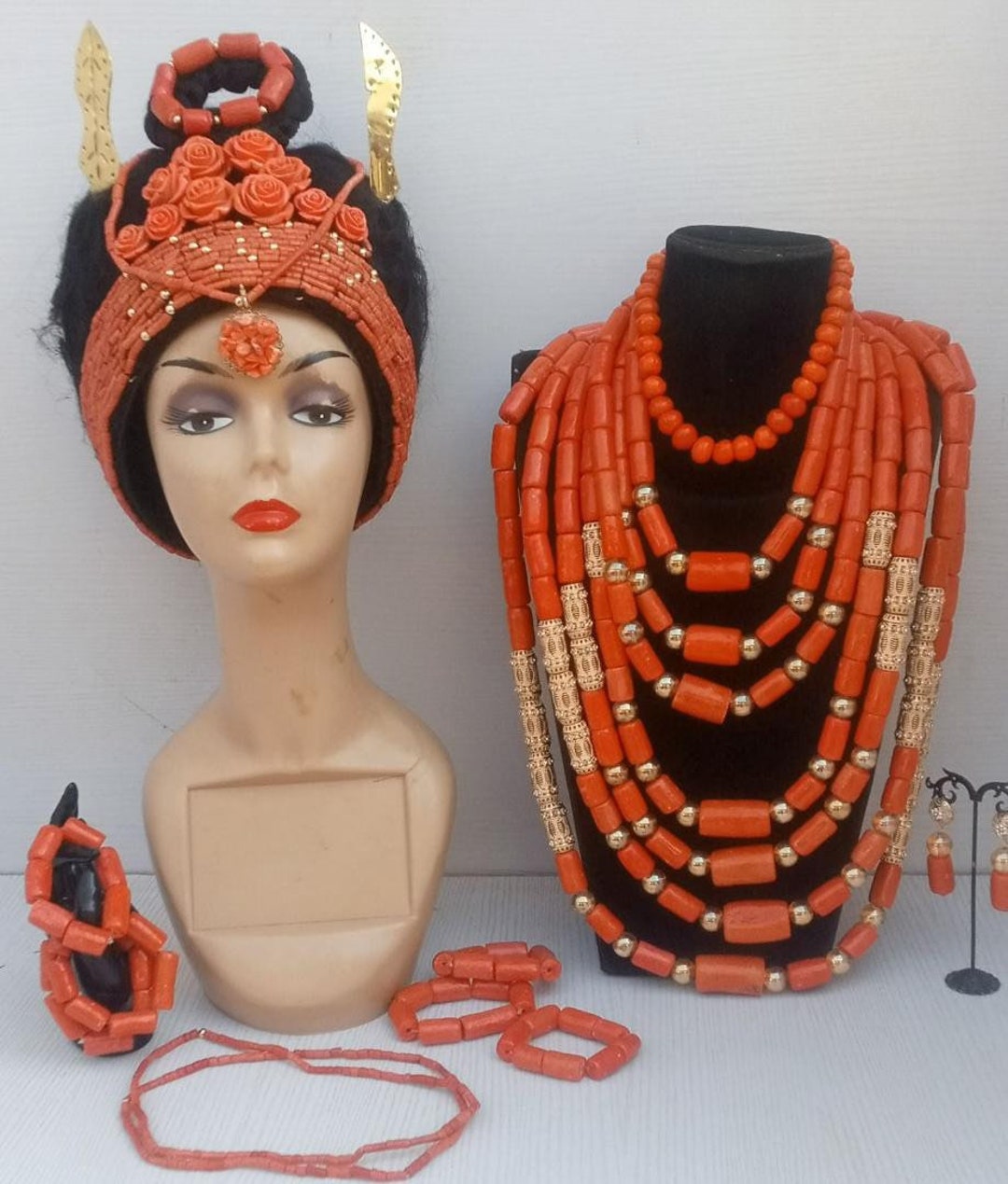 African Traditional Benin Attire Pre-installed Cap and Bead Set in ...