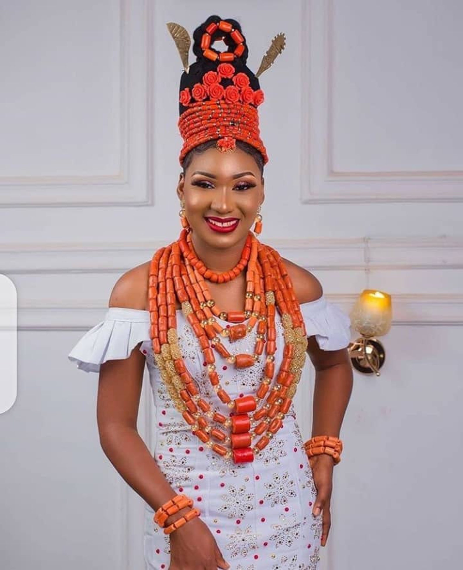 African Traditional Benin Attire Pre-installed Cap and Bead Set in ...