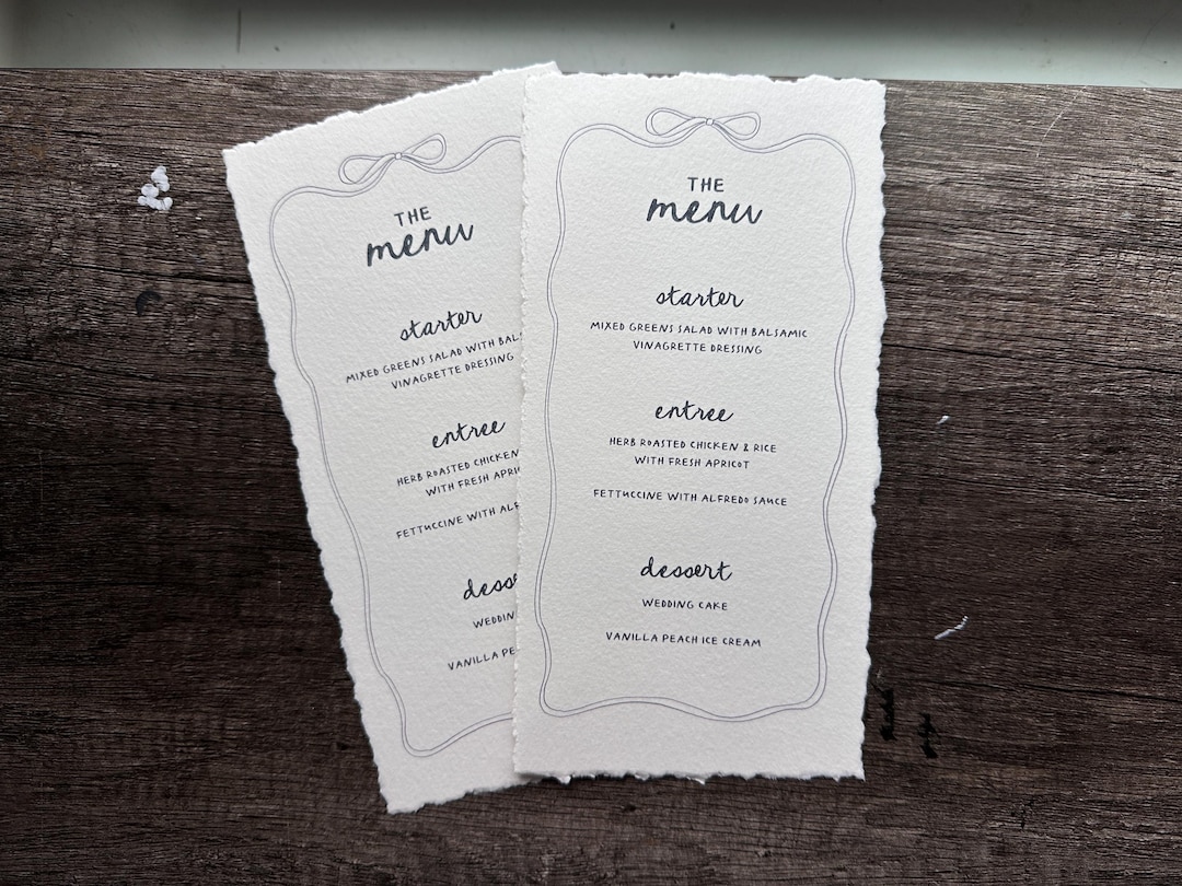 4x8 Custom Hand Deckled and Torn Menu Card on Paper for Weddings and ...