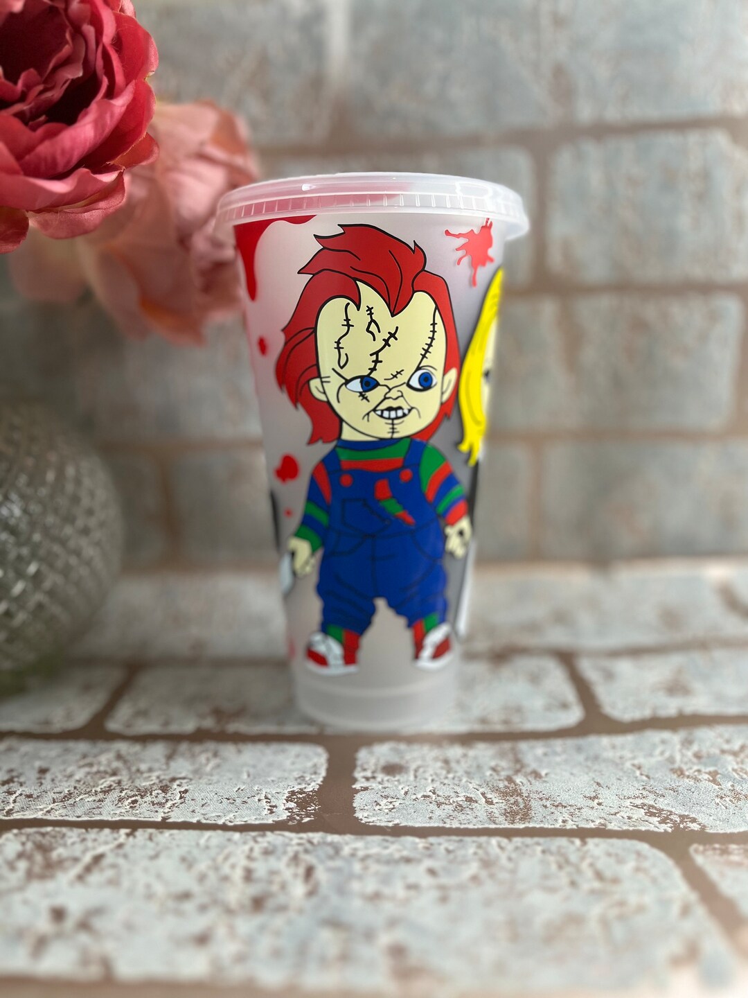 Horror, Chucky and Tiffany, Cold Cup With Lid and Straw, 24oz Reusable ...