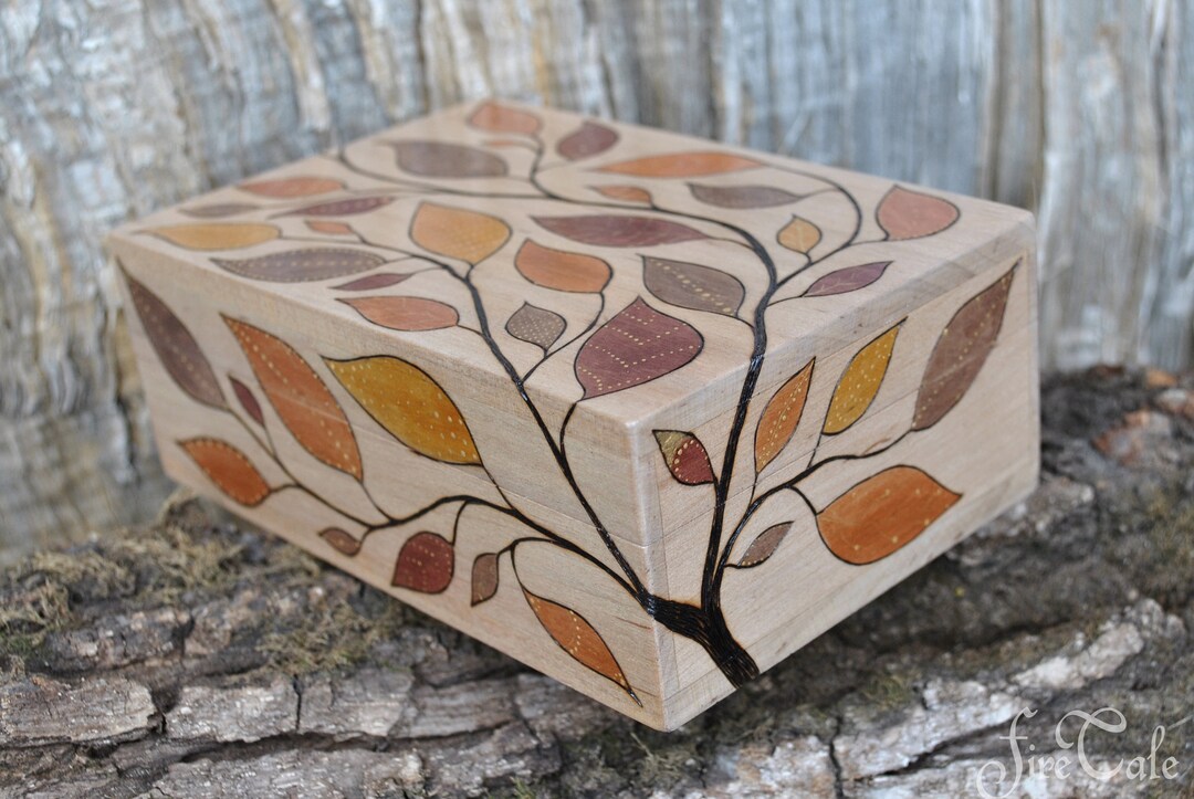 OOAK Wooden Keepsake Box, Wood Burned, Pyrography, Autumn, Fall, Leaves, Floral, Hand Made - Etsy
