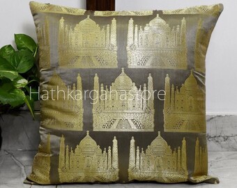 Yellow Brocade Silk Cushion Cover Handmade 14x14 Car Pillow Cover ...
