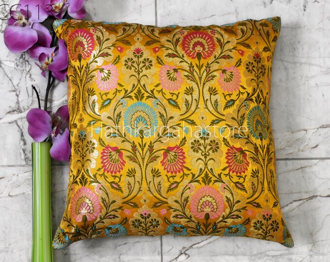 Yellow Brocade Silk Cushion Cover Handmade 14x14 Car Pillow Cover ...