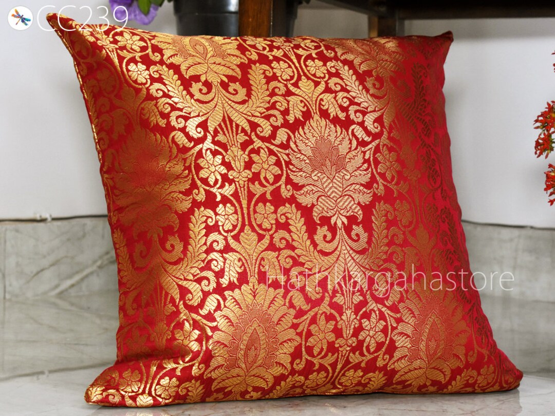 Red Brocade Silk Pillow Cover: Handmade Lumbar Cushion, 16x16 - Etsy