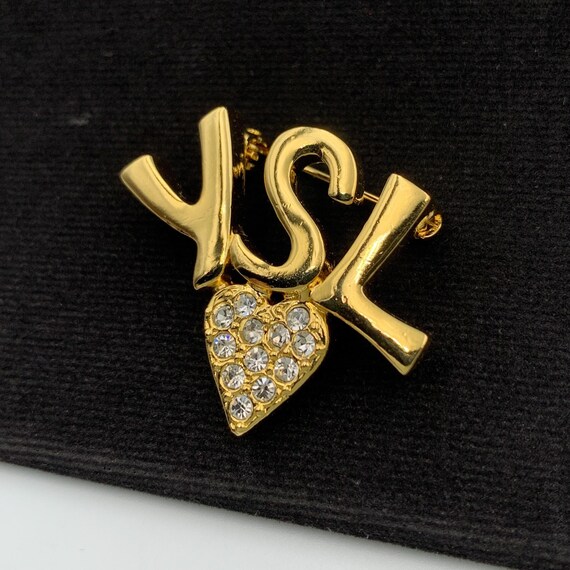 YSL Vintage Gold Plated YSL logo with Crystal Brooch - Gem