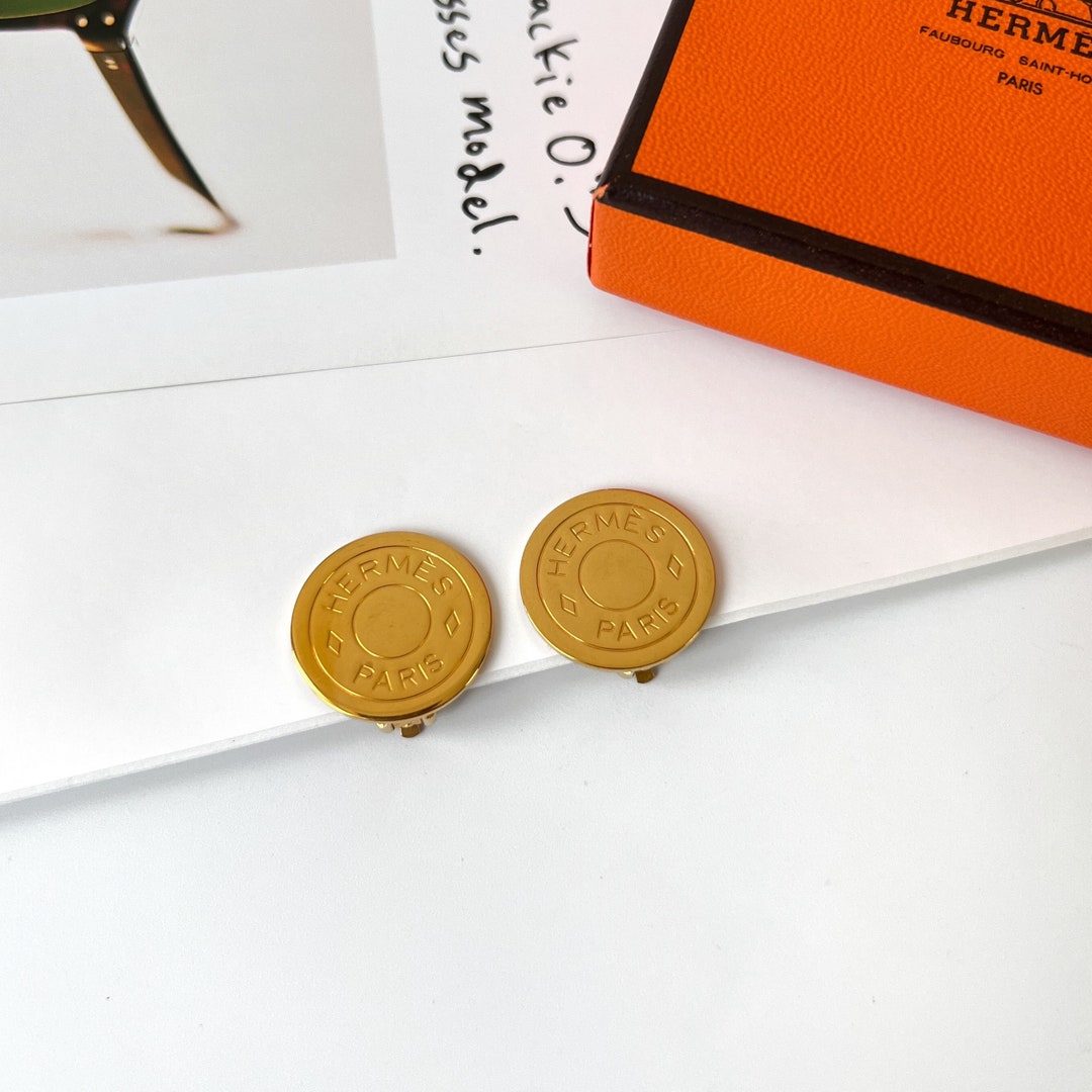 HERMES Button Logo Gold Plated Clip on Earrings - Etsy