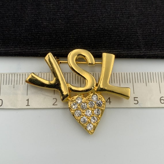 YSL Vintage Gold Plated YSL logo with Crystal Brooch - Gem
