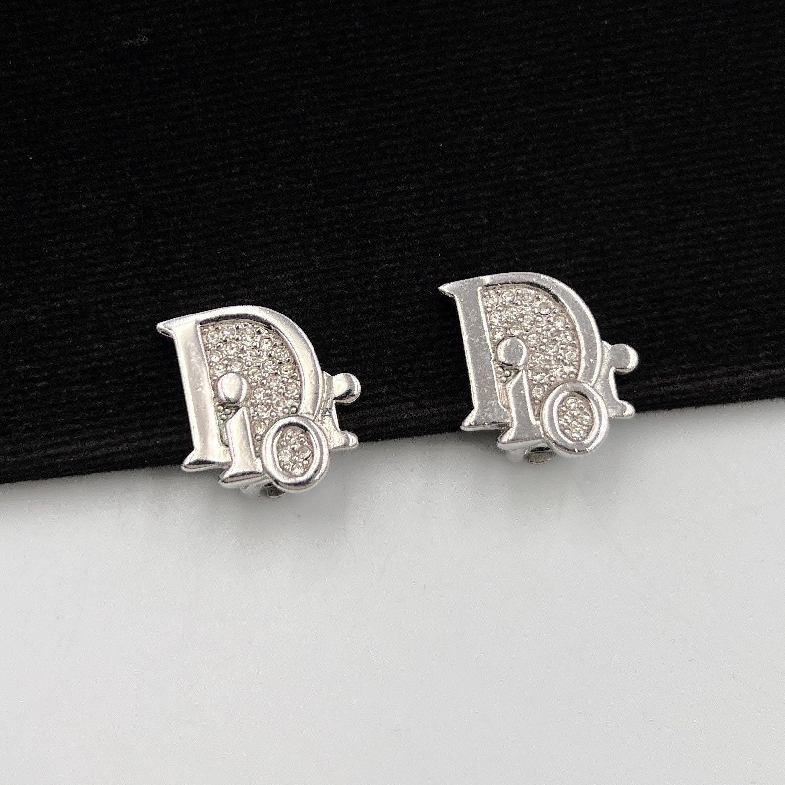 Christian Dior Silver Plated Dior Crystal Logo Clip on Earrings Etsy