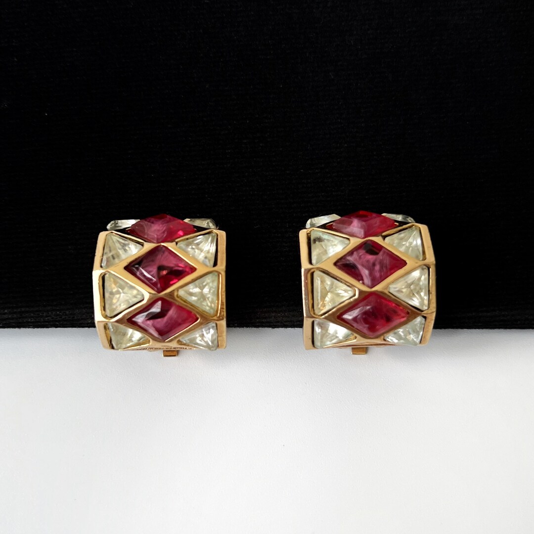 Christian Dior Gold Plated Faux Ruby Dior With White Crystal Clip on ...