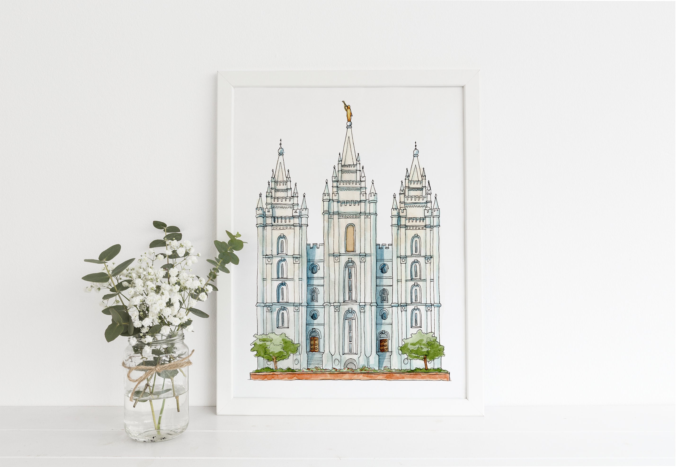 Salt Lake City Utah Temple Ink and Watercolour Painting Digital Print ...