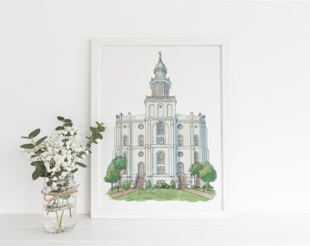 St George LDS Temple Painting Watercolor Floral Print - Etsy