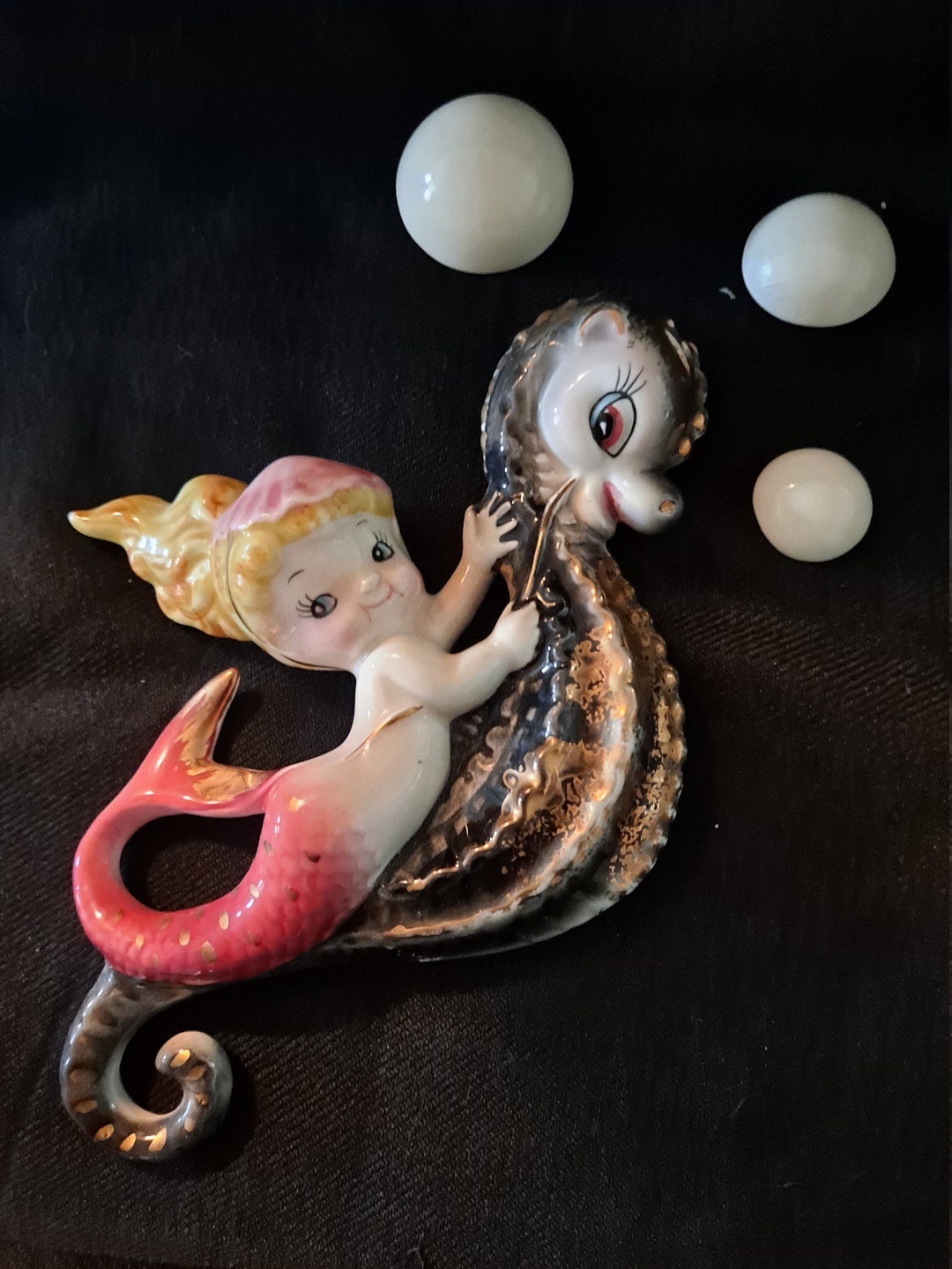 Vintage Lefton Ceramic Mermaid Riding Seahorse W/3 Bubbles Wall Plaque ...