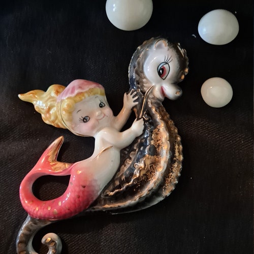 Vintage Lefton Ceramic Mermaid Riding Seahorse W/3 Bubbles - Etsy