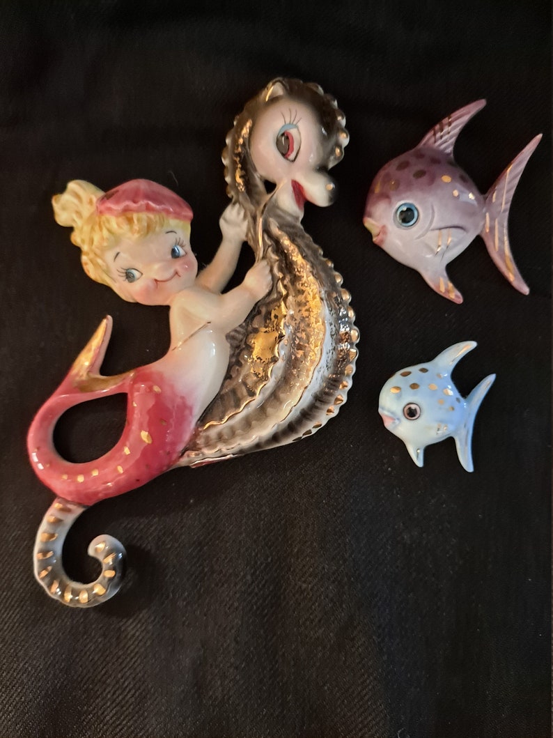 Vintage Lefton Ceramic Mermaid Riding Seahorse W/2 fishes | Etsy