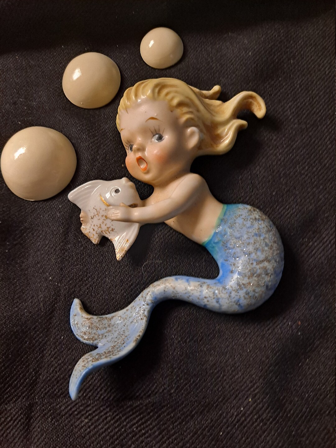 Vintage Norcrest Ceramic Mermaid Holding Fish Wall Plaque Figurine W/ 3 ...