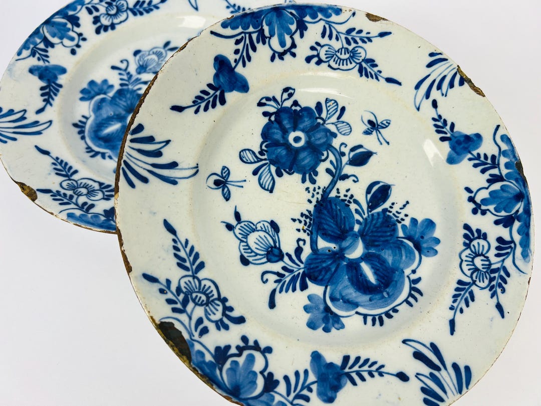 Two Identical Antique 1700s-1800s Delft Blue Plates, Hand Painted ...