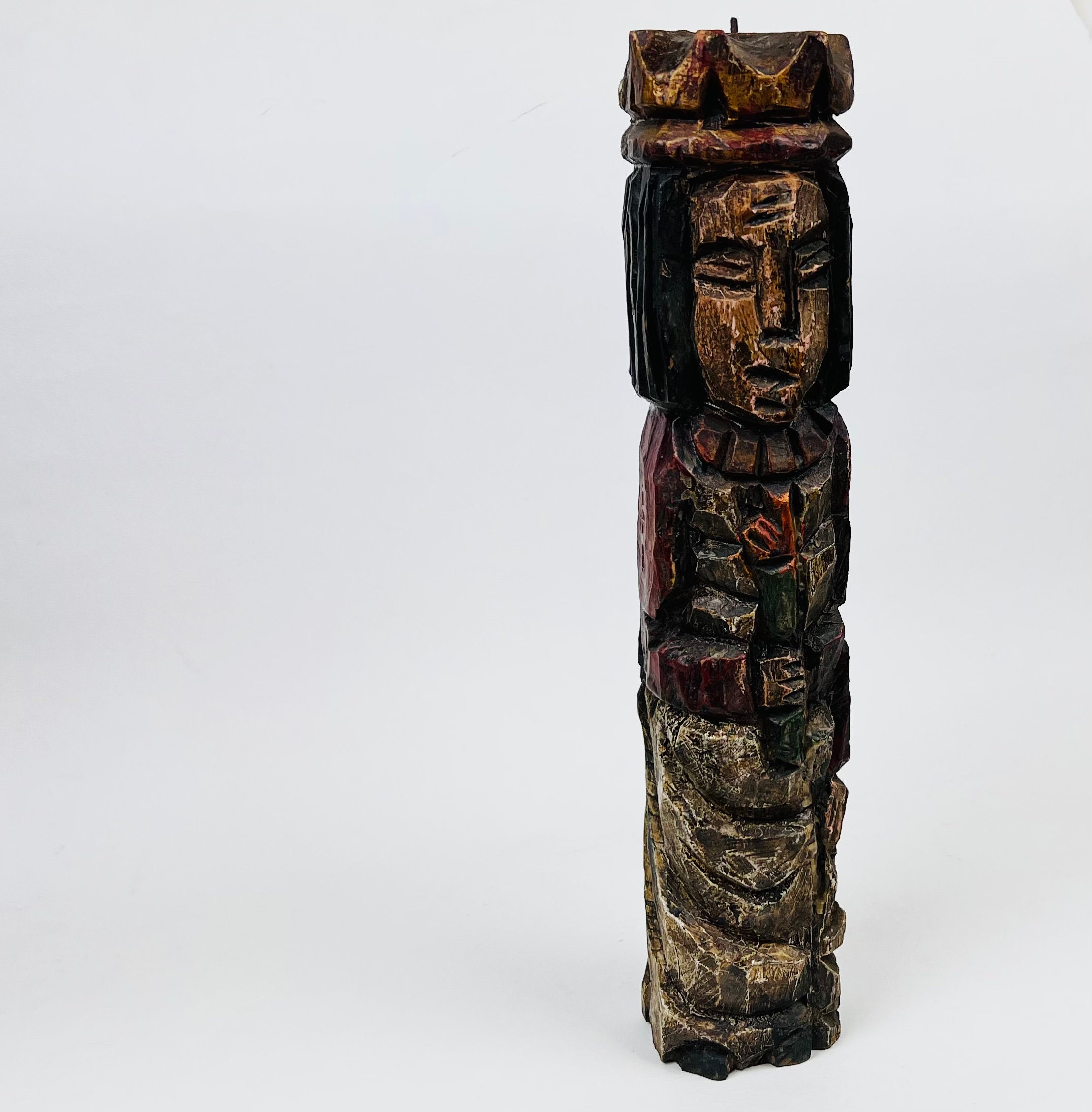 Folk Art, Brutalist Midcentury 1950s Rendering of a King in Wood Cut, Polychromic Sculpture ...