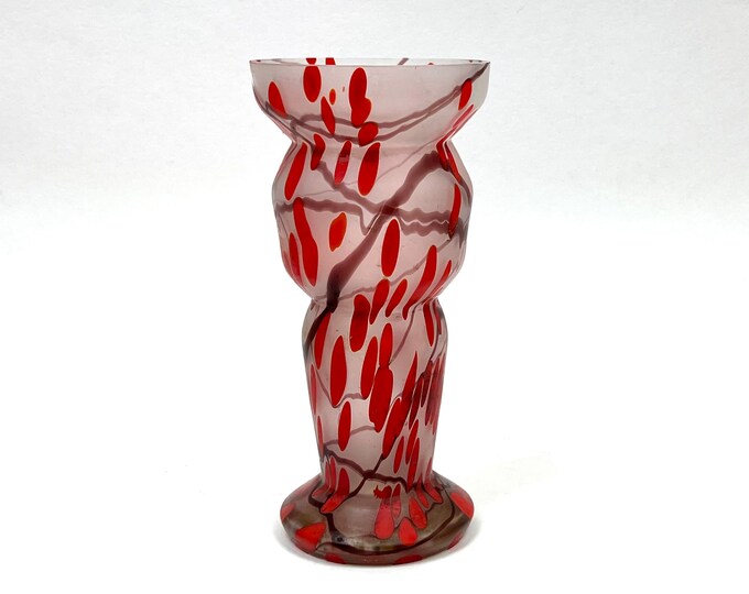 Matte Glass Art Deco Vase With Red Splatters and Brown Swirls, Bohemian ...