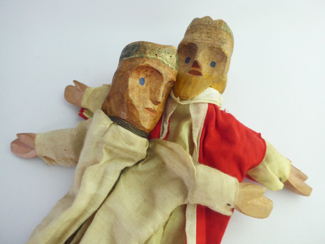 Antique Hand Puppets Set 1990th Hand Carved Handmade King and Queen ...