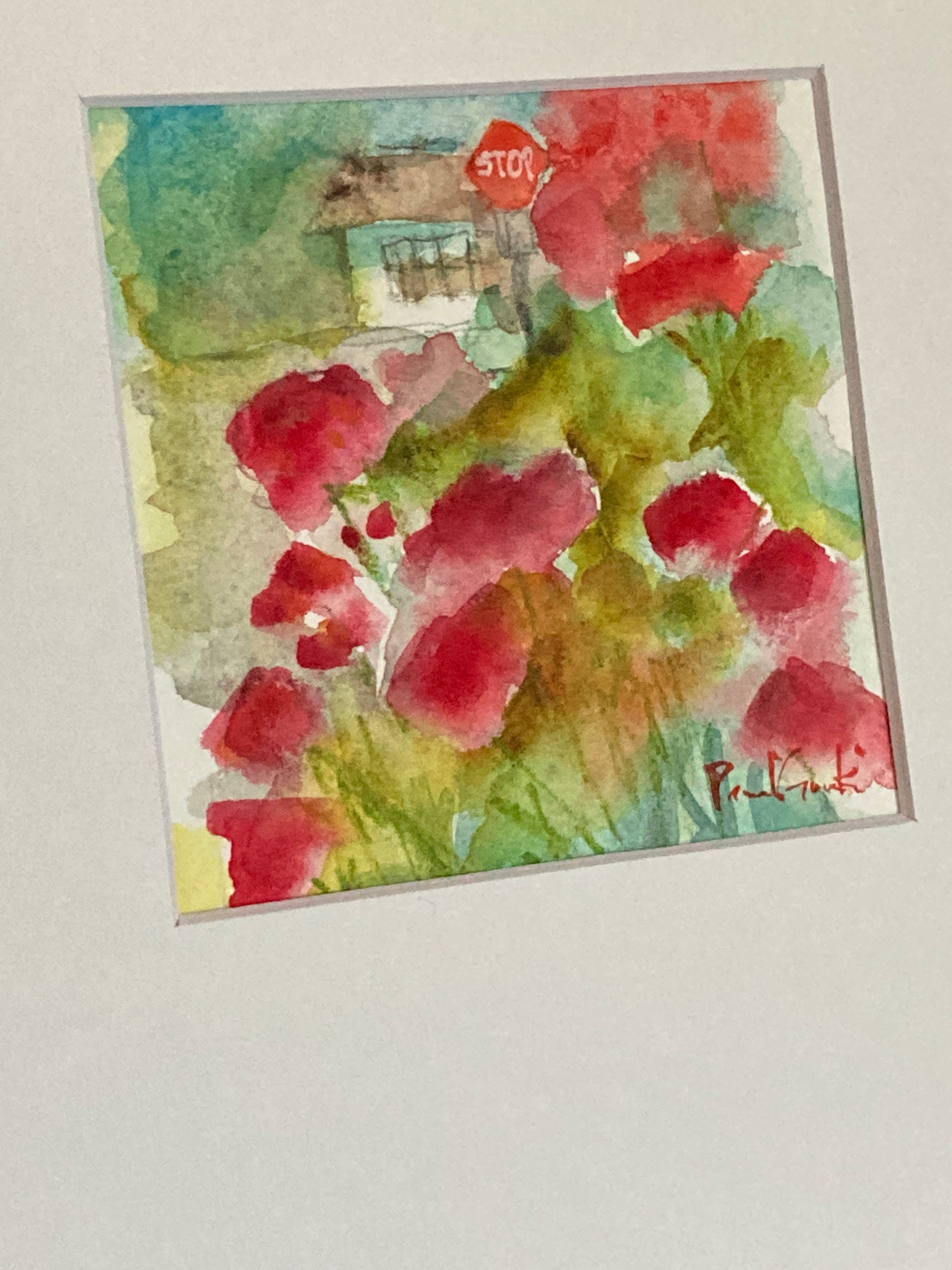 View up My Street Colorful Red Yarrow White Mat Original Watercolor ...