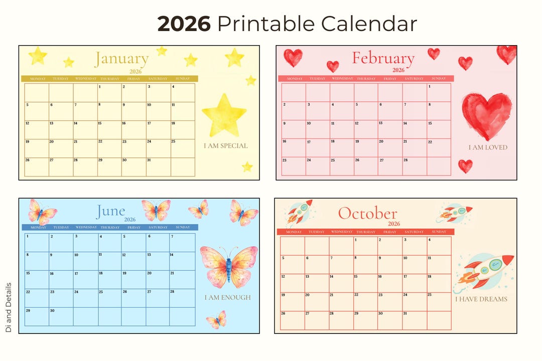 2026 Printable Calendar, Affirmations Calendar, Cute Kids Calendar 2026 ...