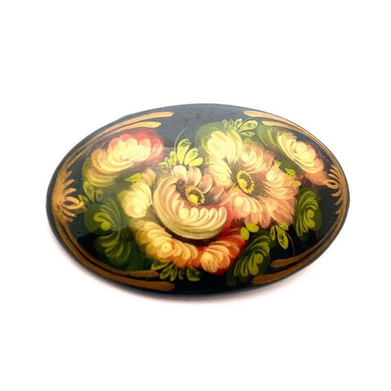 Hand Painted Floral Russian Brooch / Pin - Gem