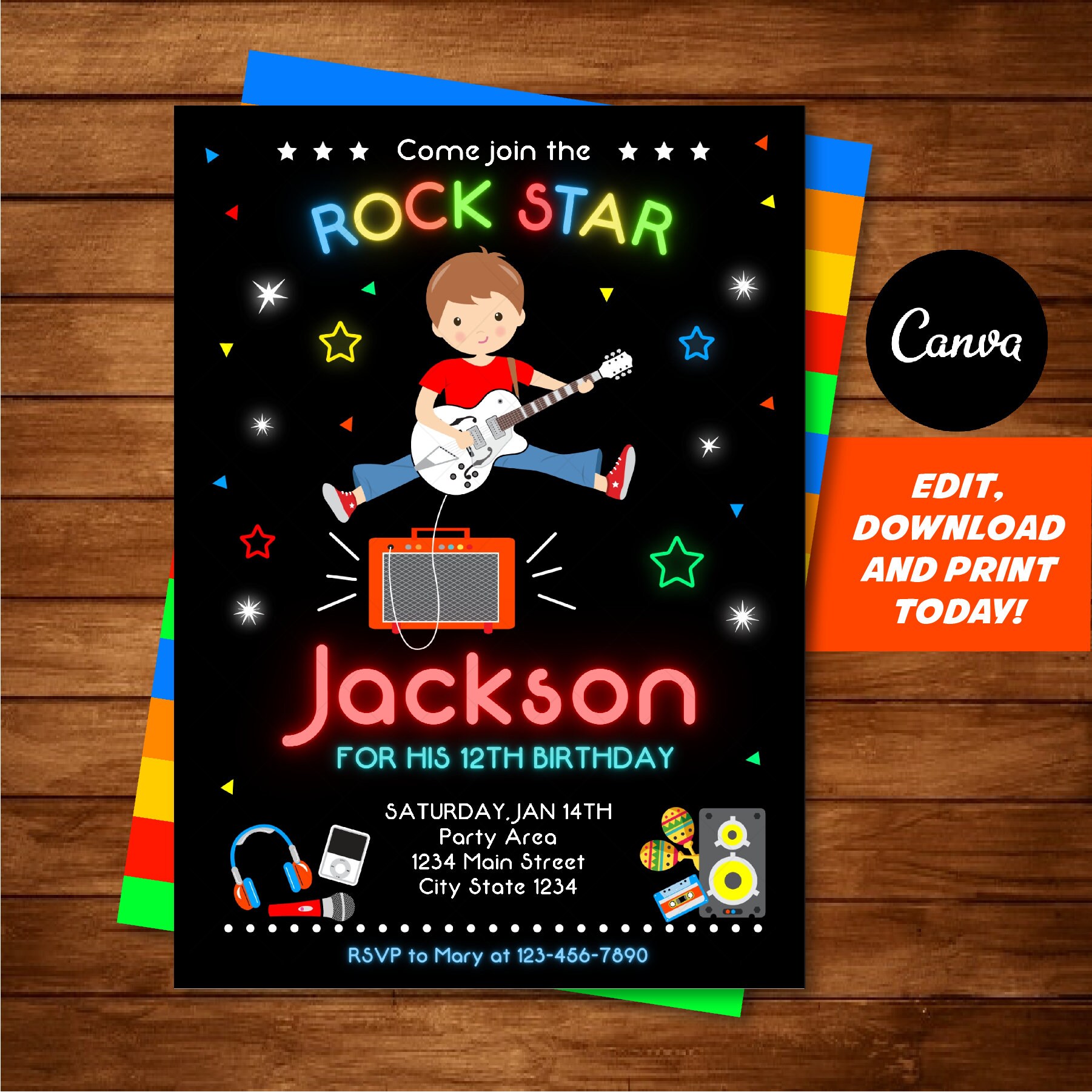 Editable, Rock Stars Birthday Invitation, Rock N Roll Party, Boys ...