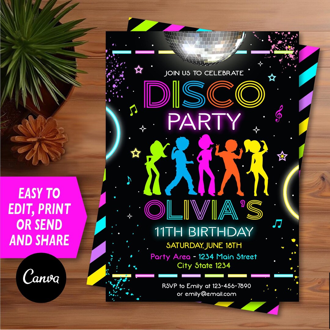 Editable Girl Disco Birthday Invitation, Neon Dance Invitation, Girls ...