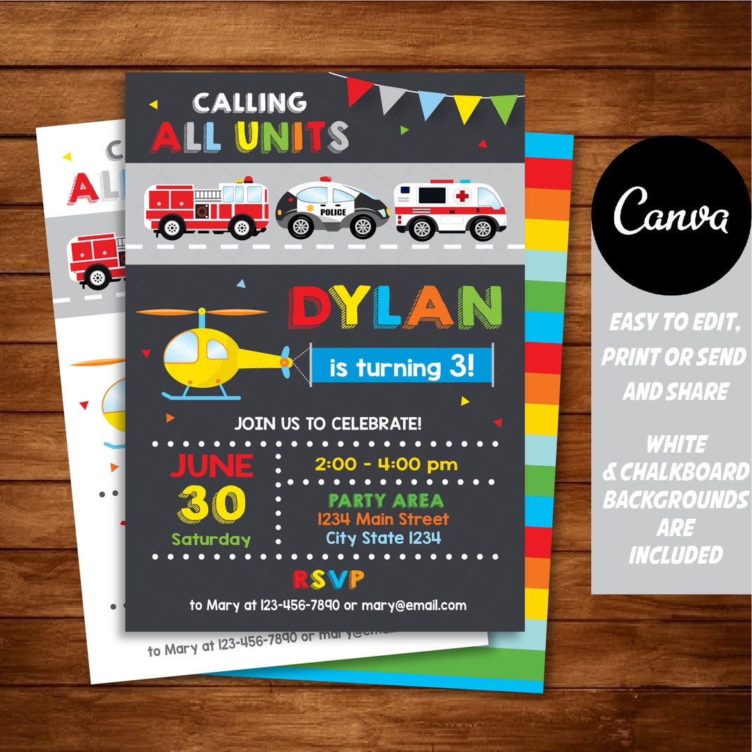 EDITABLE, First Responders Birthday Invitation, Emergency Vehicles ...