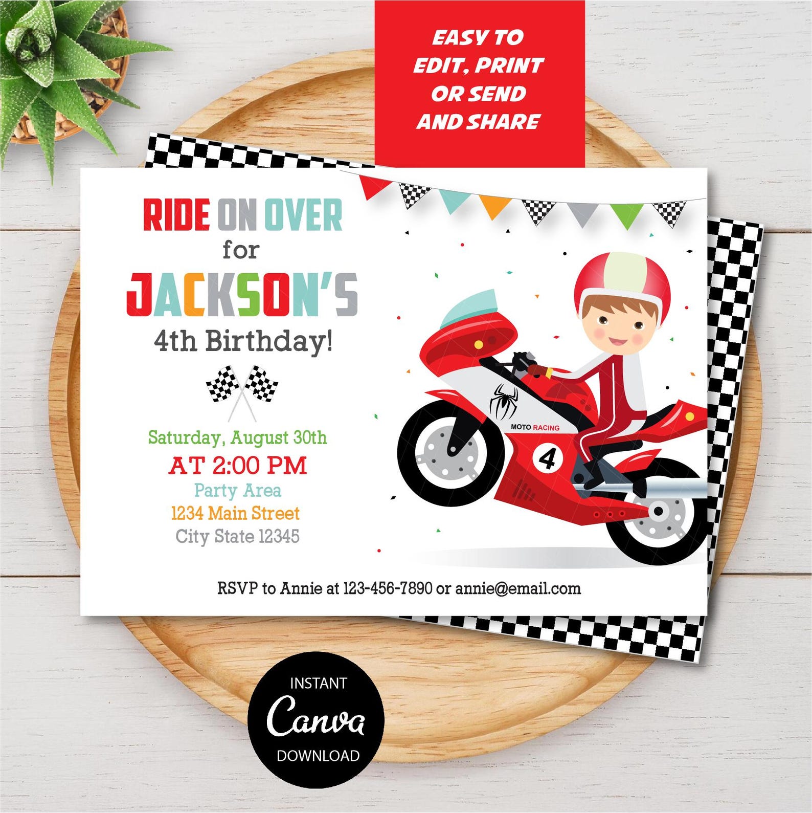 Editable, Motorcycle Birthday Invitation, Motorcycle Race Party, Canva ...