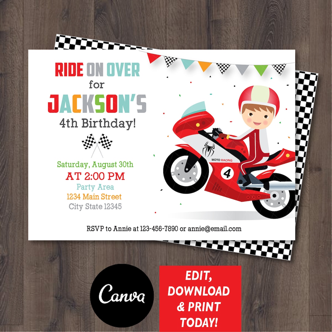 Editable, Motorcycle Birthday Invitation, Motorcycle Race Party, Canva ...