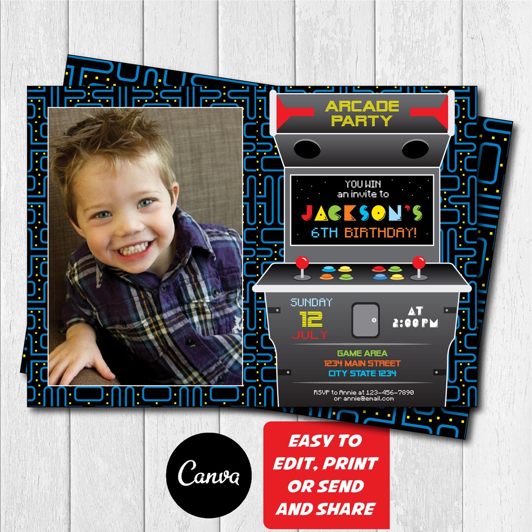Arcade Birthday Invitation, Arcade Party, Video Game Invitation, Photo ...
