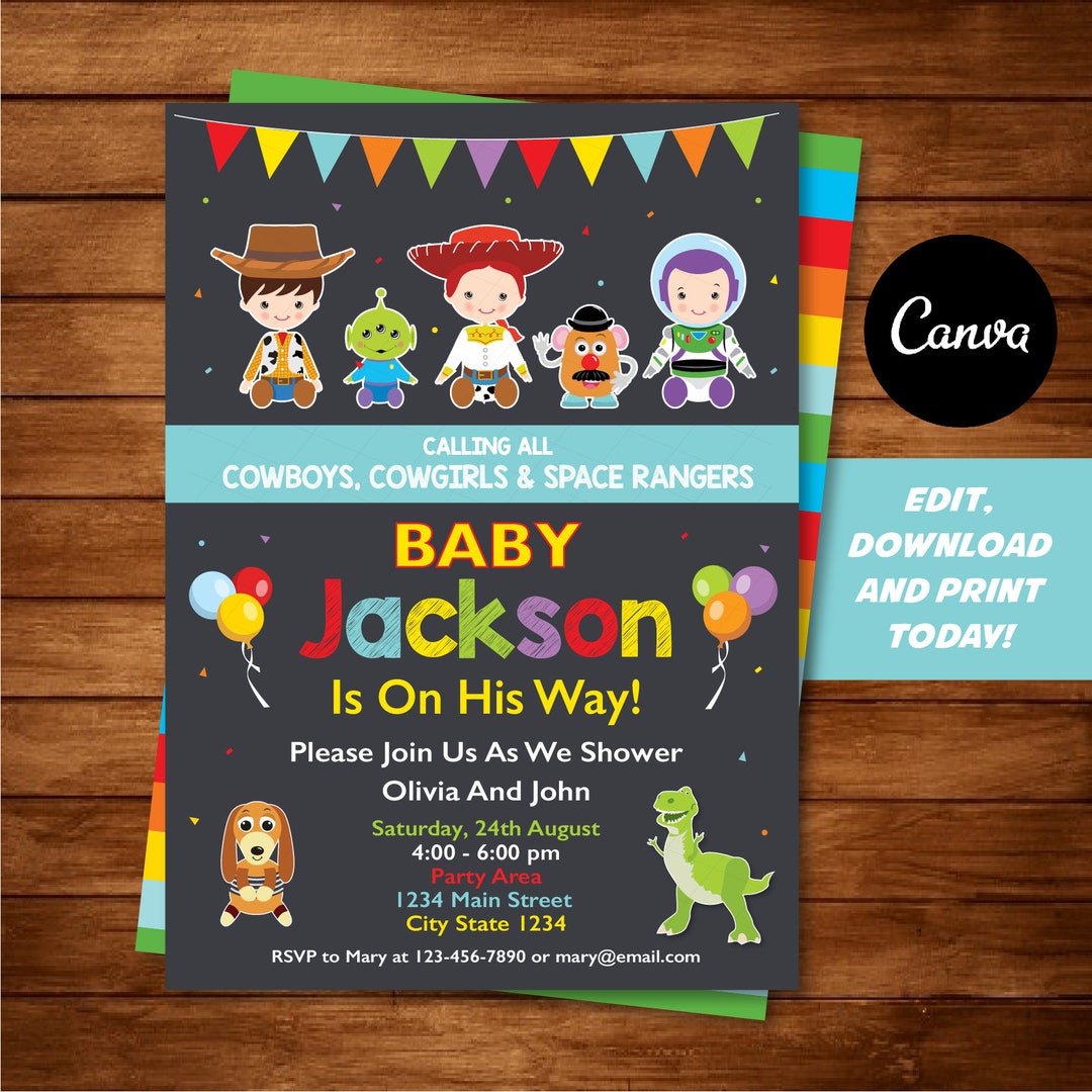 Editable, Toy Story Baby Shower Invitation, Canva Template, Chalkboard ...
