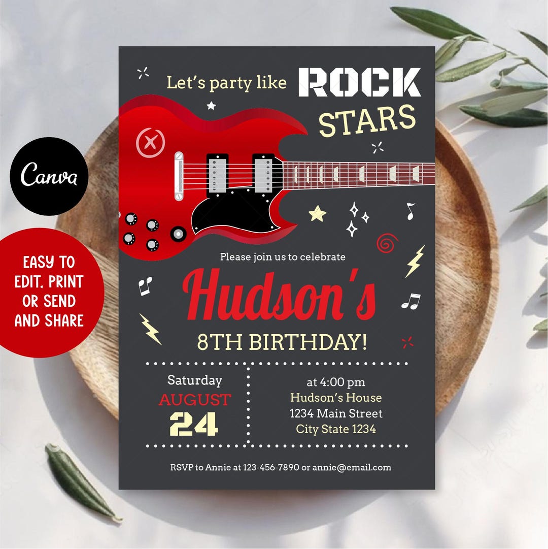 Editable Rock Star Birthday Invitation, Guitar Invitation, Rock N Roll ...