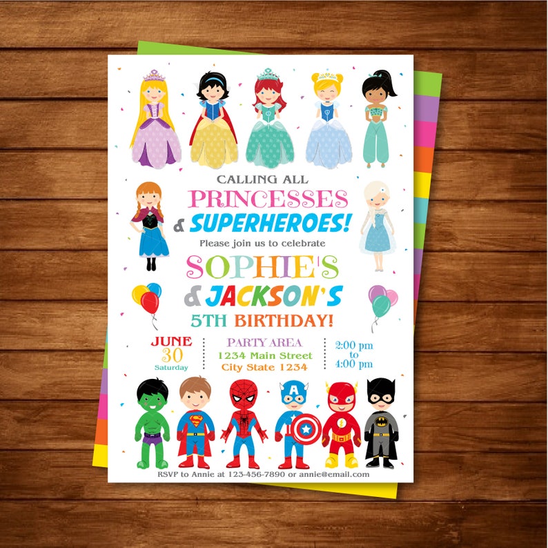 Editable, Princesses and Superheroes Birthday Invitation, Princess and ...