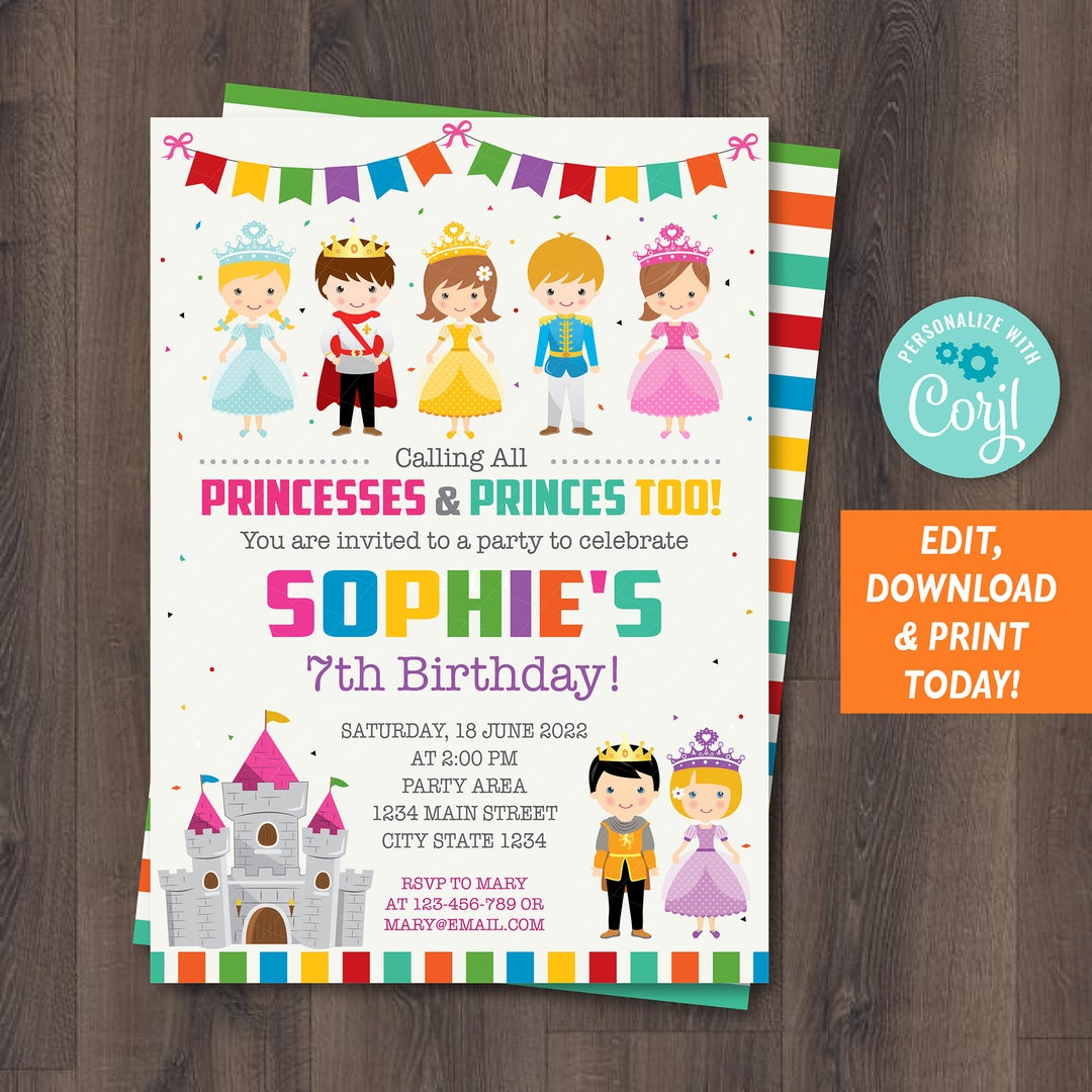 Editable Princes and Princesses Birthday Invitation Twins - Etsy