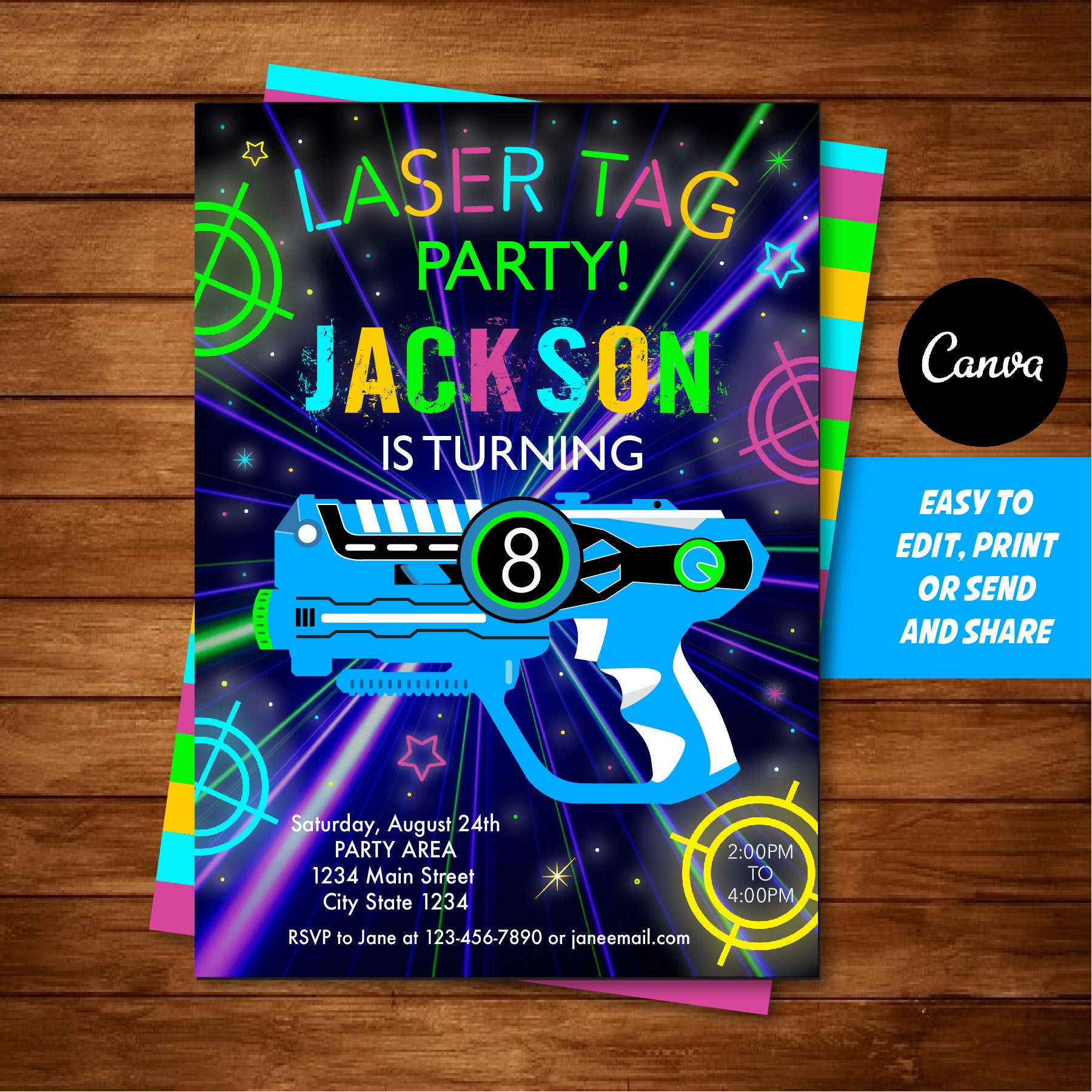 Editable, Laser Tag Birthday Invitation, Laser Tag Party, Canva ...