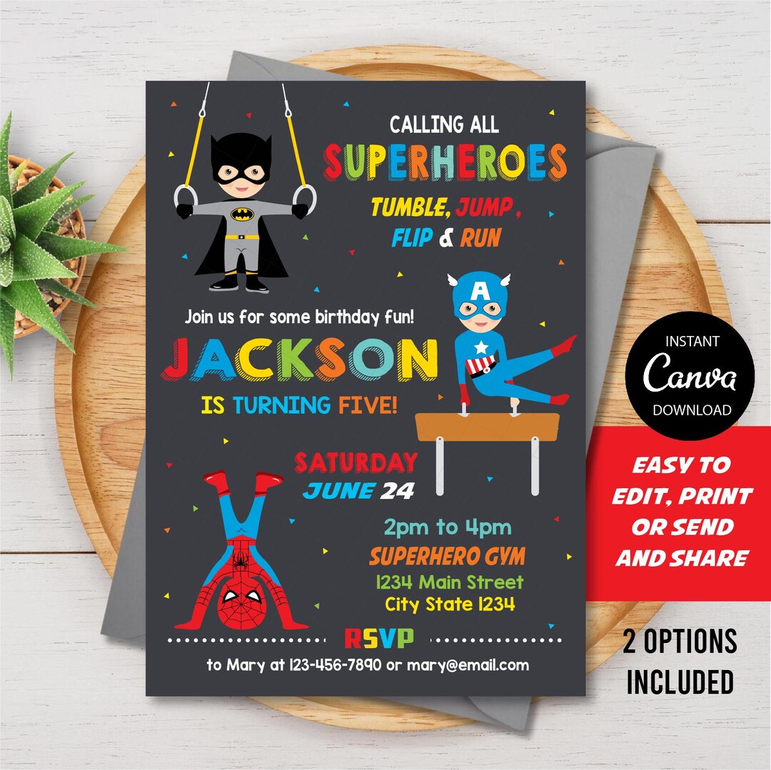 EDITABLE, Superhero Gymnastic Invitation, Canva Template, Superheroes ...