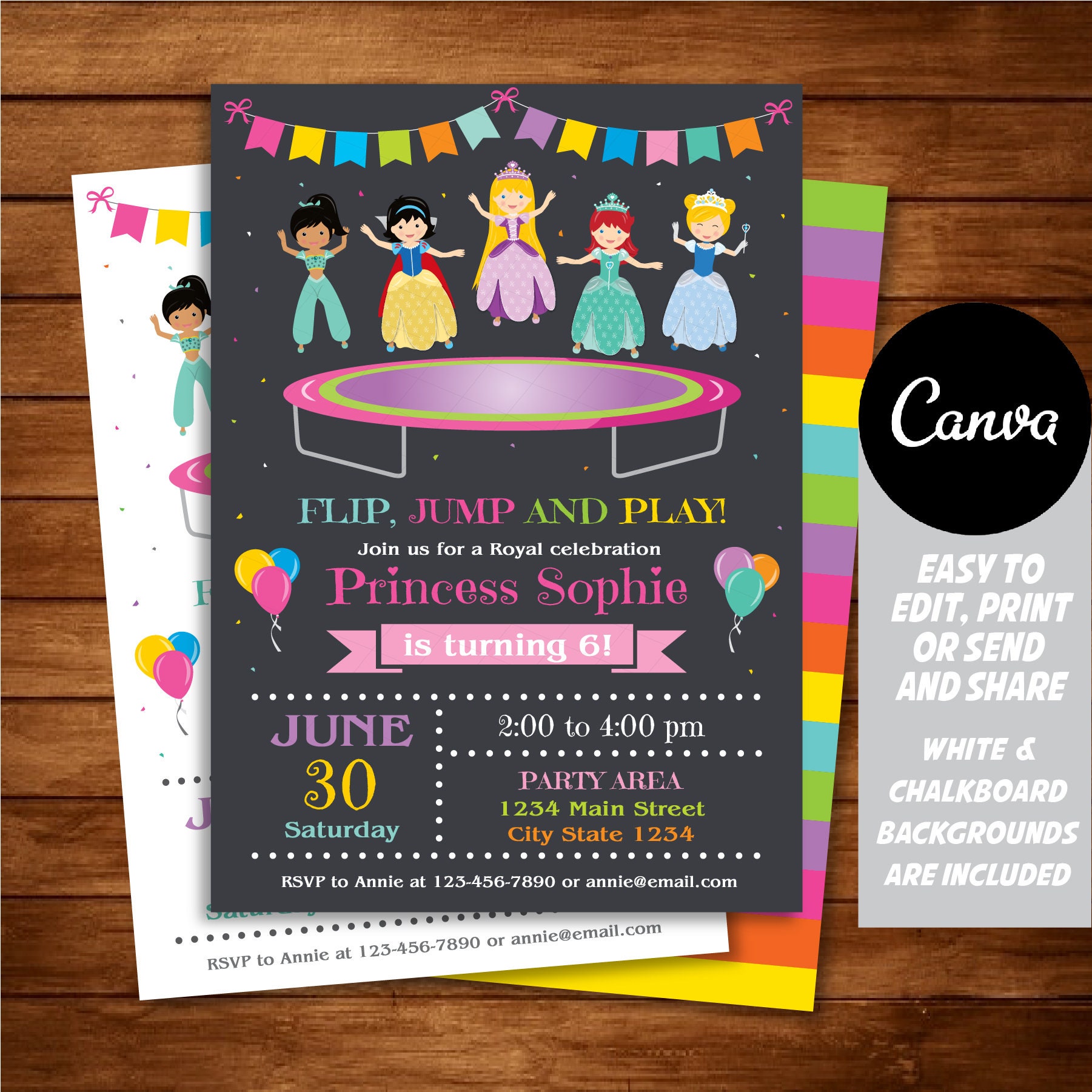 Editable, Princesses Trampoline Birthday Invitation, Royal Party ...