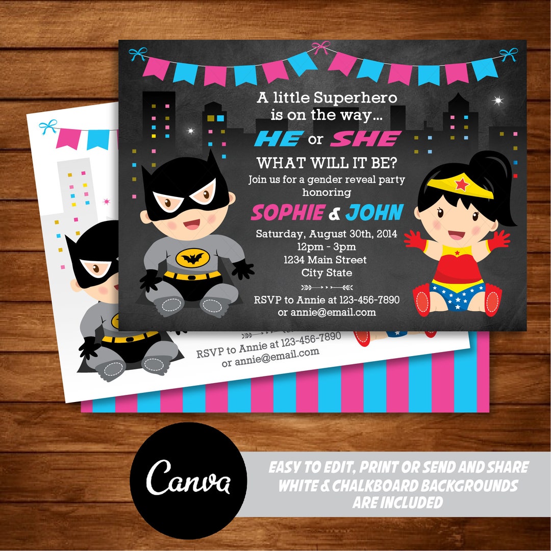 Editable, Superhero Gender Reveal Invitation, Canvatemplate, INSTANT ...
