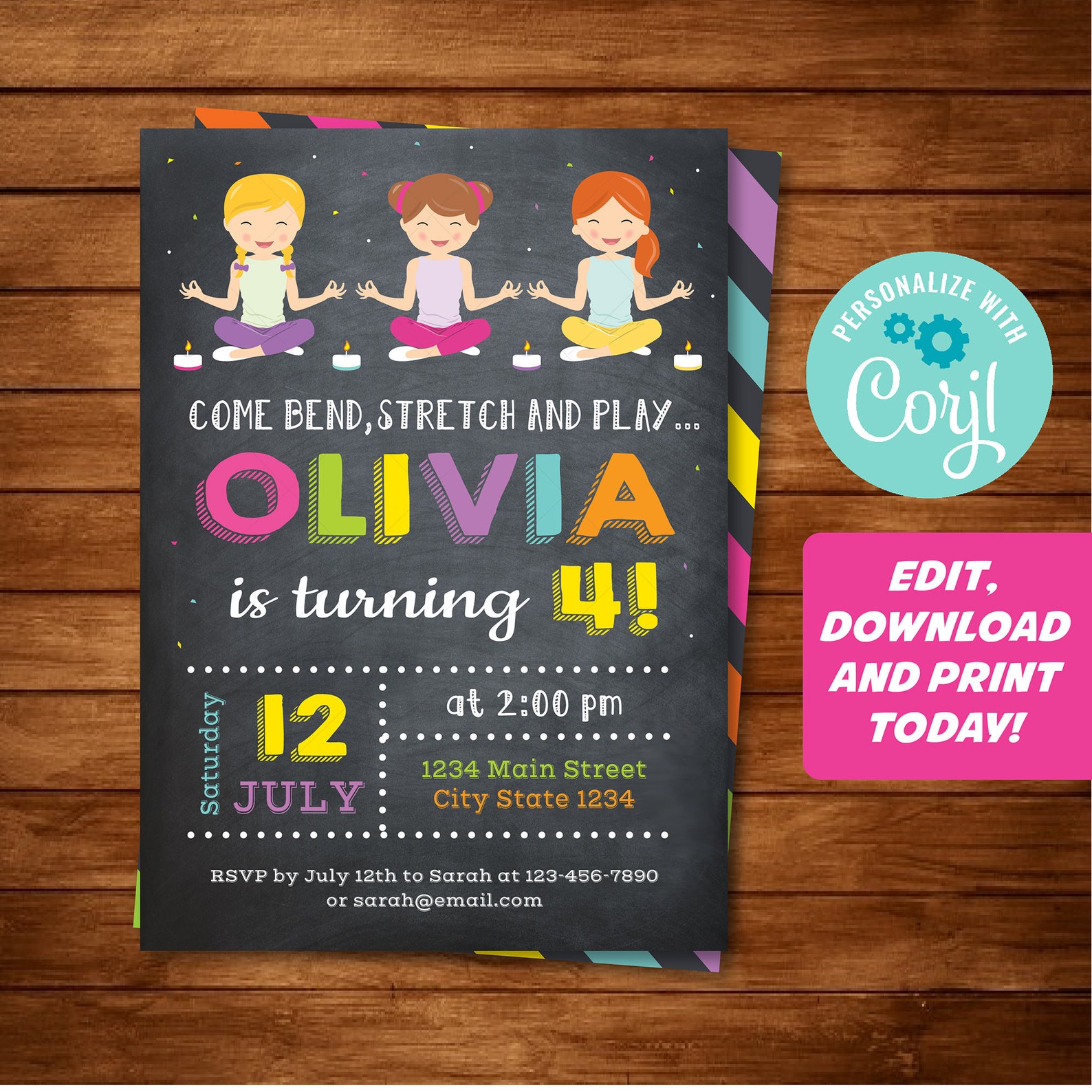 EDITABLE Yoga Girls Birthday Invitation Yoga Invite Yoga | Etsy