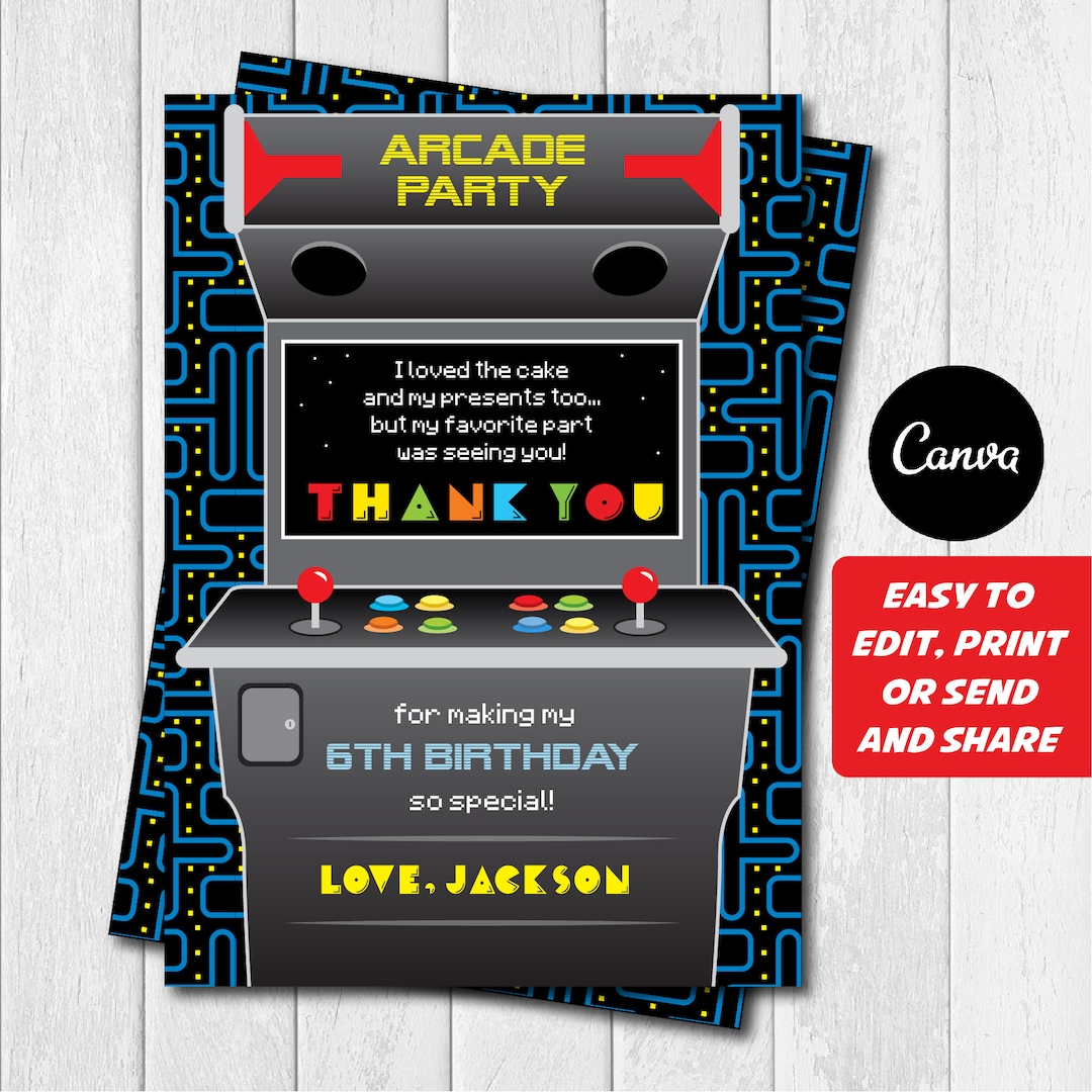 Self Editable, Arcade Thank You Card, Arcade Party, Video Thank You ...
