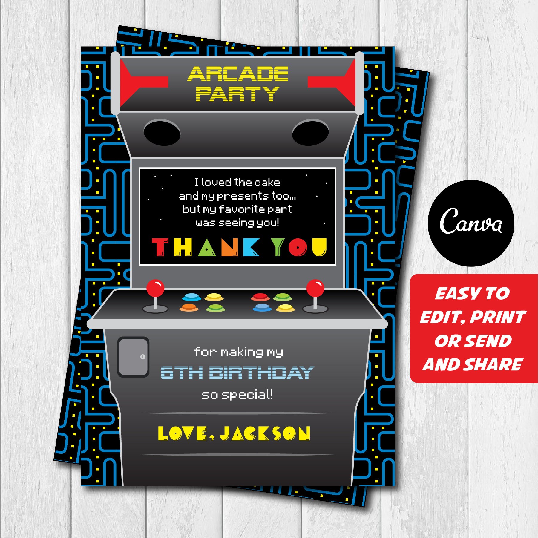 Self Editable, Arcade Thank You Card, Arcade Party, Video Thank You ...