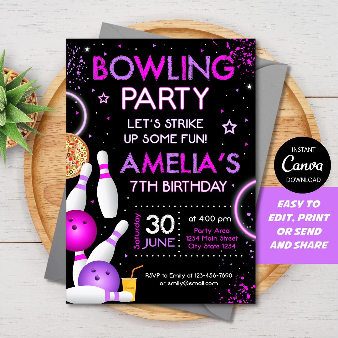 Editable Bowling Birthday Invitation Girl, Girls Bowling Birthday ...