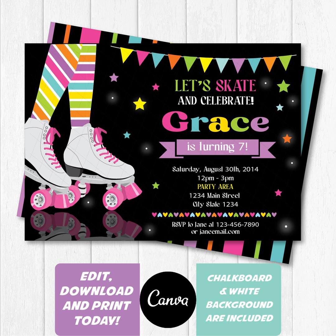 Self Editable, Roller Skating Birthday Invitation, Roller Skate Party ...