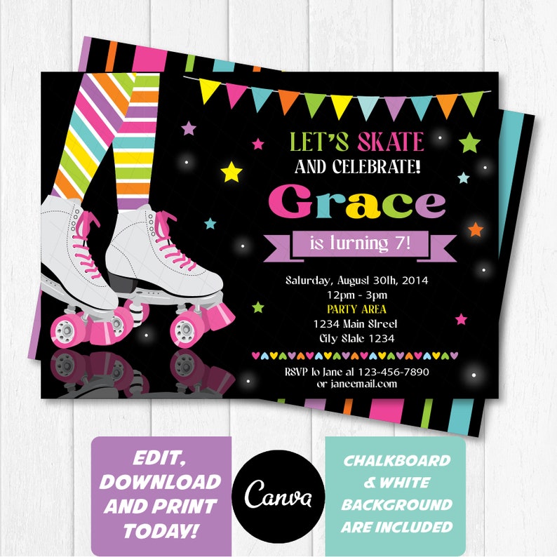 Self Editable, Roller Skating Birthday Invitation, Roller Skate Party ...